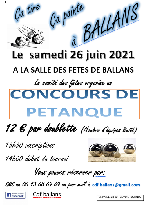 Concours de pétanque Ouvert à tous - Ballans - 26 juin 2021 - Doublette