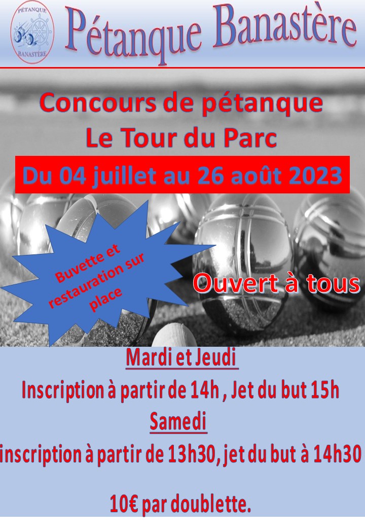 Concours de pétanque Ouvert à tous - Le Tour-du-Parc - 08 juillet 2023 ...
